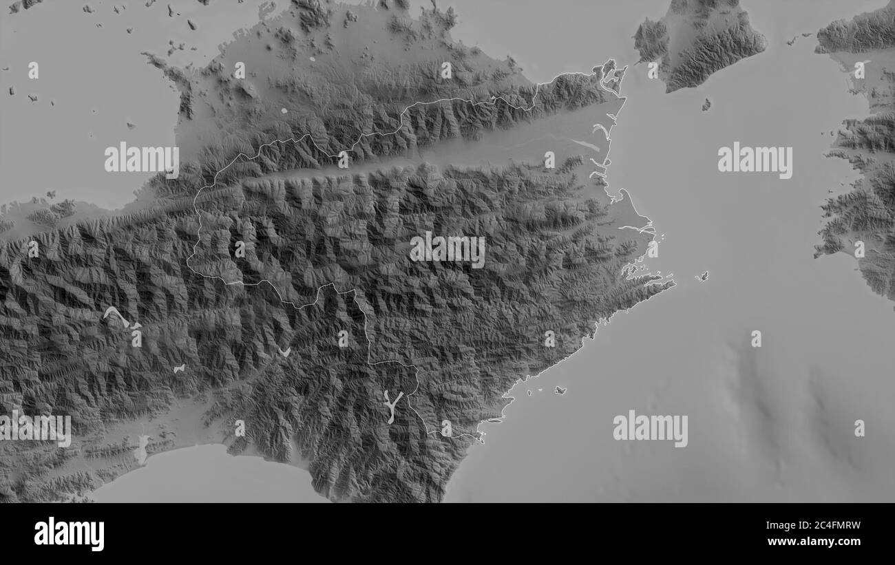 Tokushima, prefecture of Japan. Grayscaled map with lakes and rivers ...