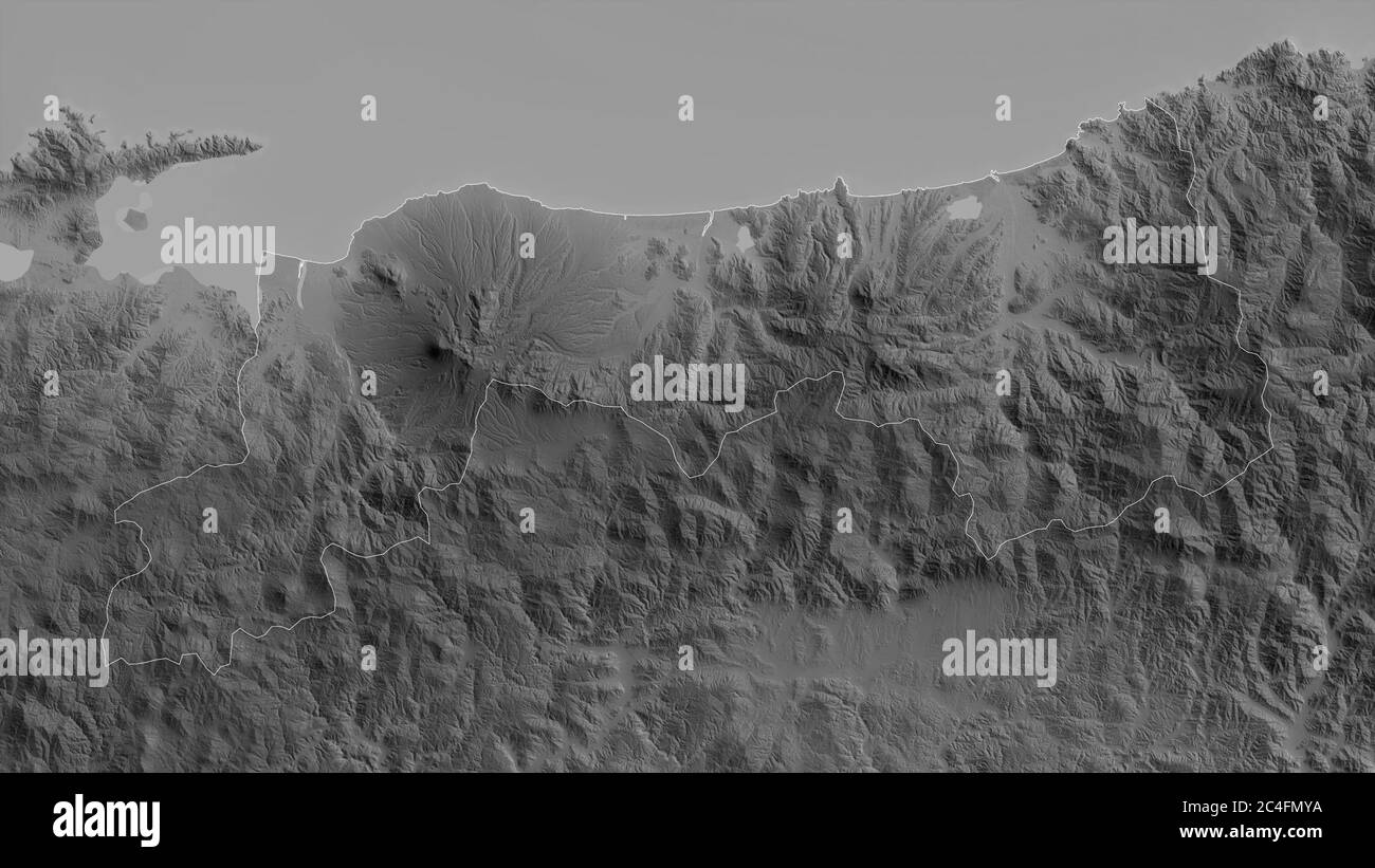 Tottori, prefecture of Japan. Grayscaled map with lakes and rivers ...