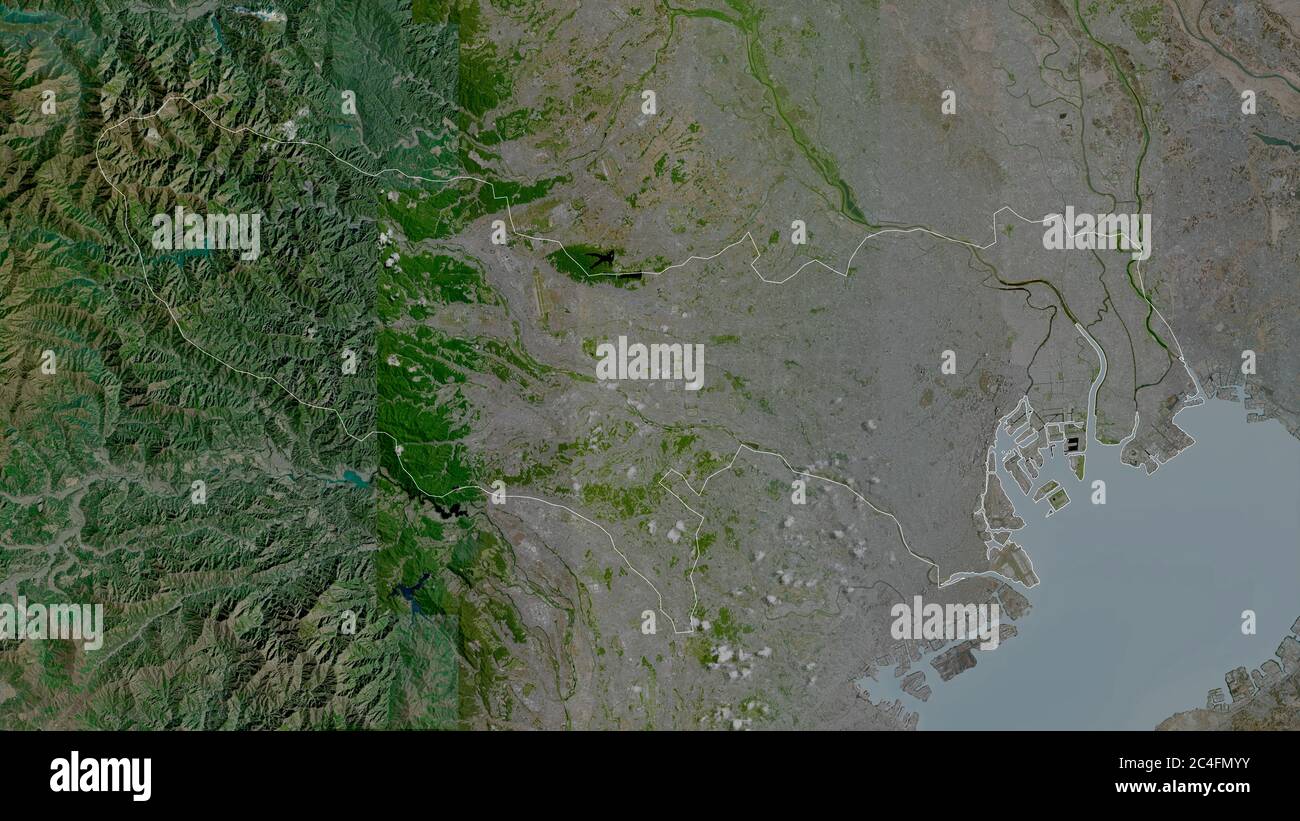 Tokyo, metropolis of Japan. Satellite imagery. Shape outlined against ...
