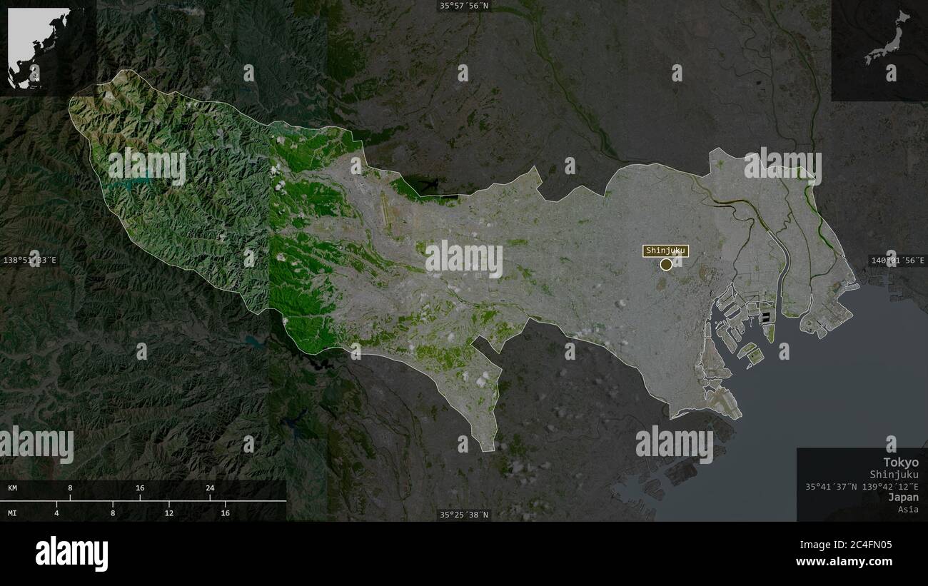 Tokyo, metropolis of Japan. Satellite imagery. Shape presented against ...
