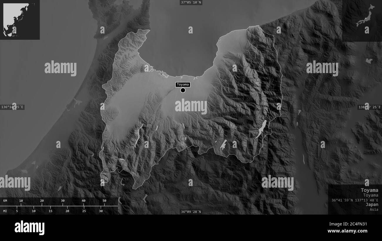 Toyama, prefecture of Japan. Grayscaled map with lakes and rivers ...