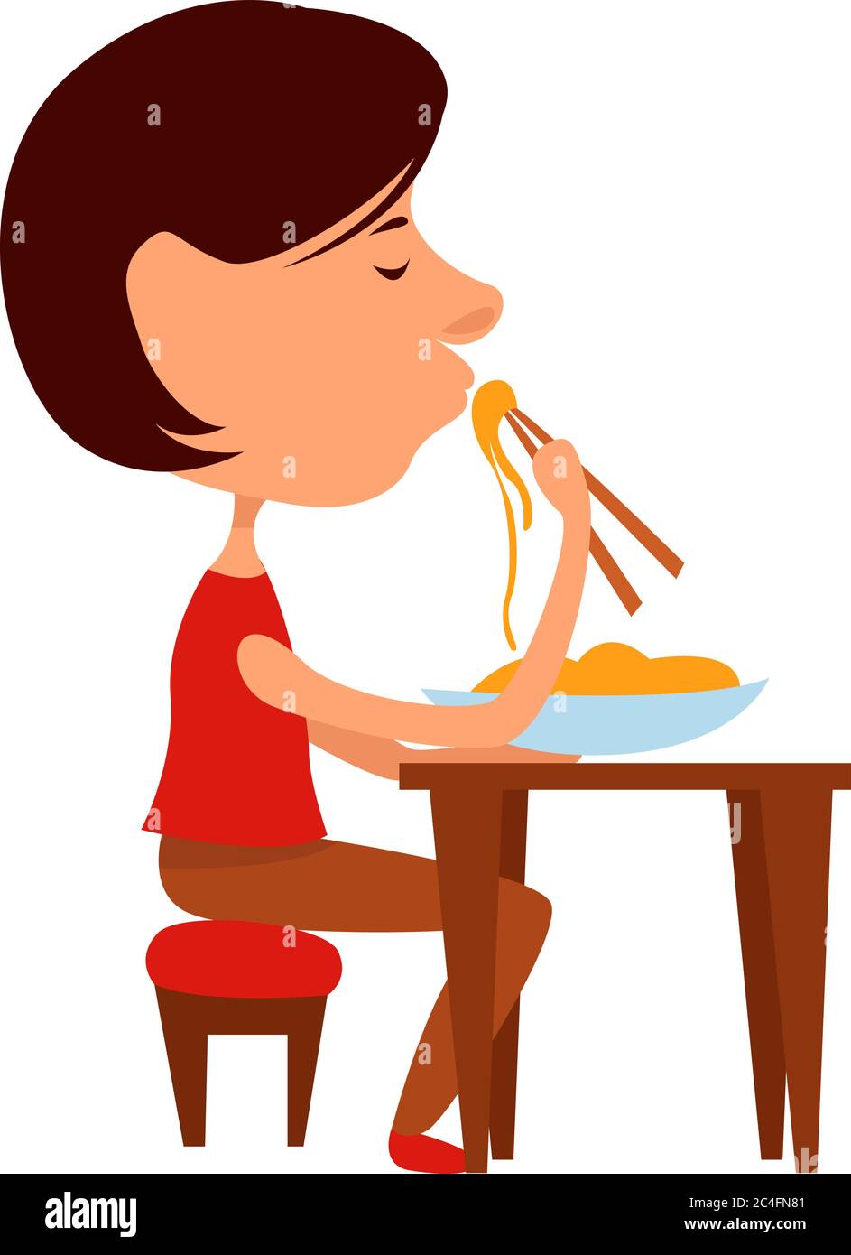 Woman eating dinner, illustration, vector on white background Stock ...
