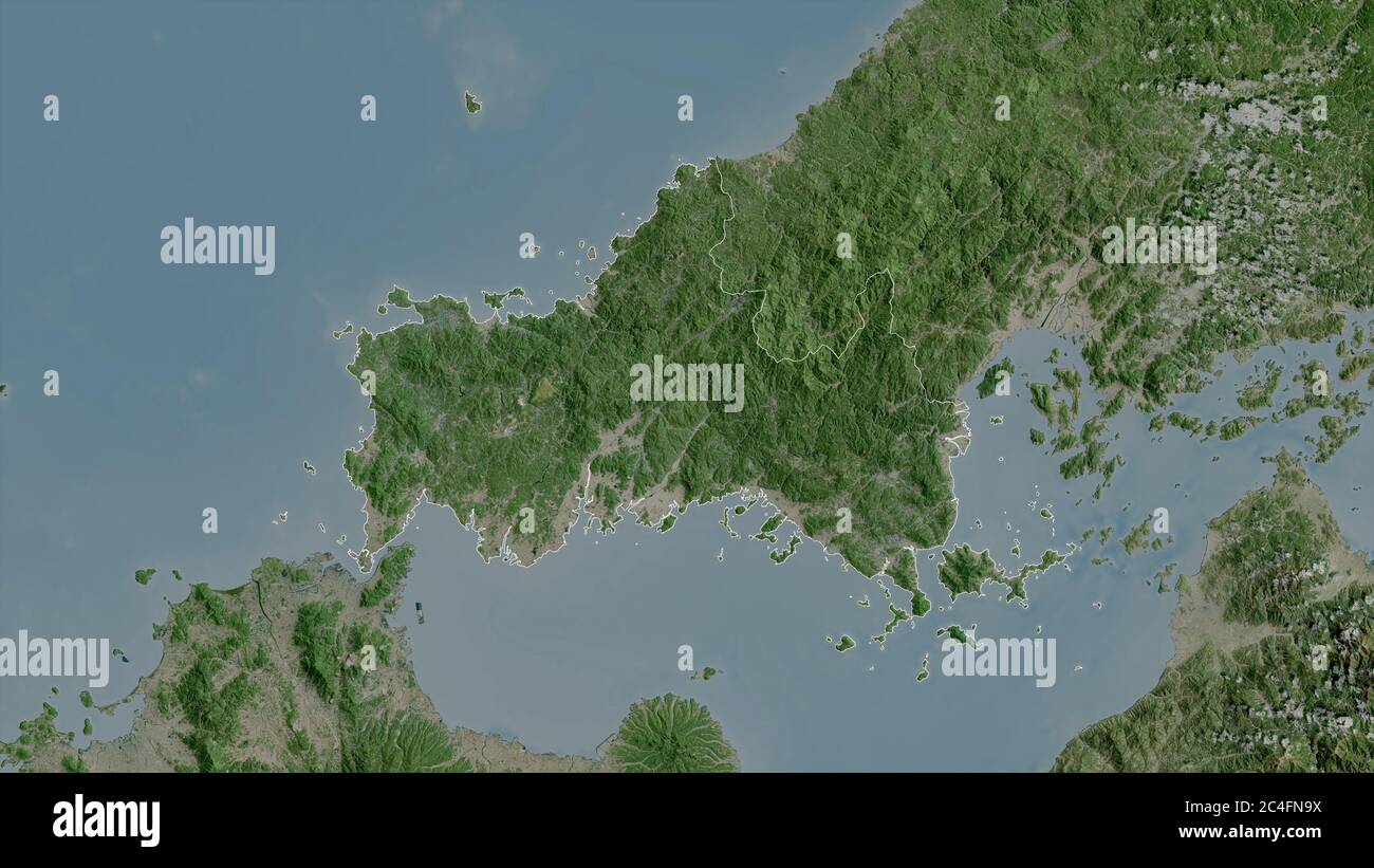 Yamaguchi, prefecture of Japan. Satellite imagery. Shape outlined ...