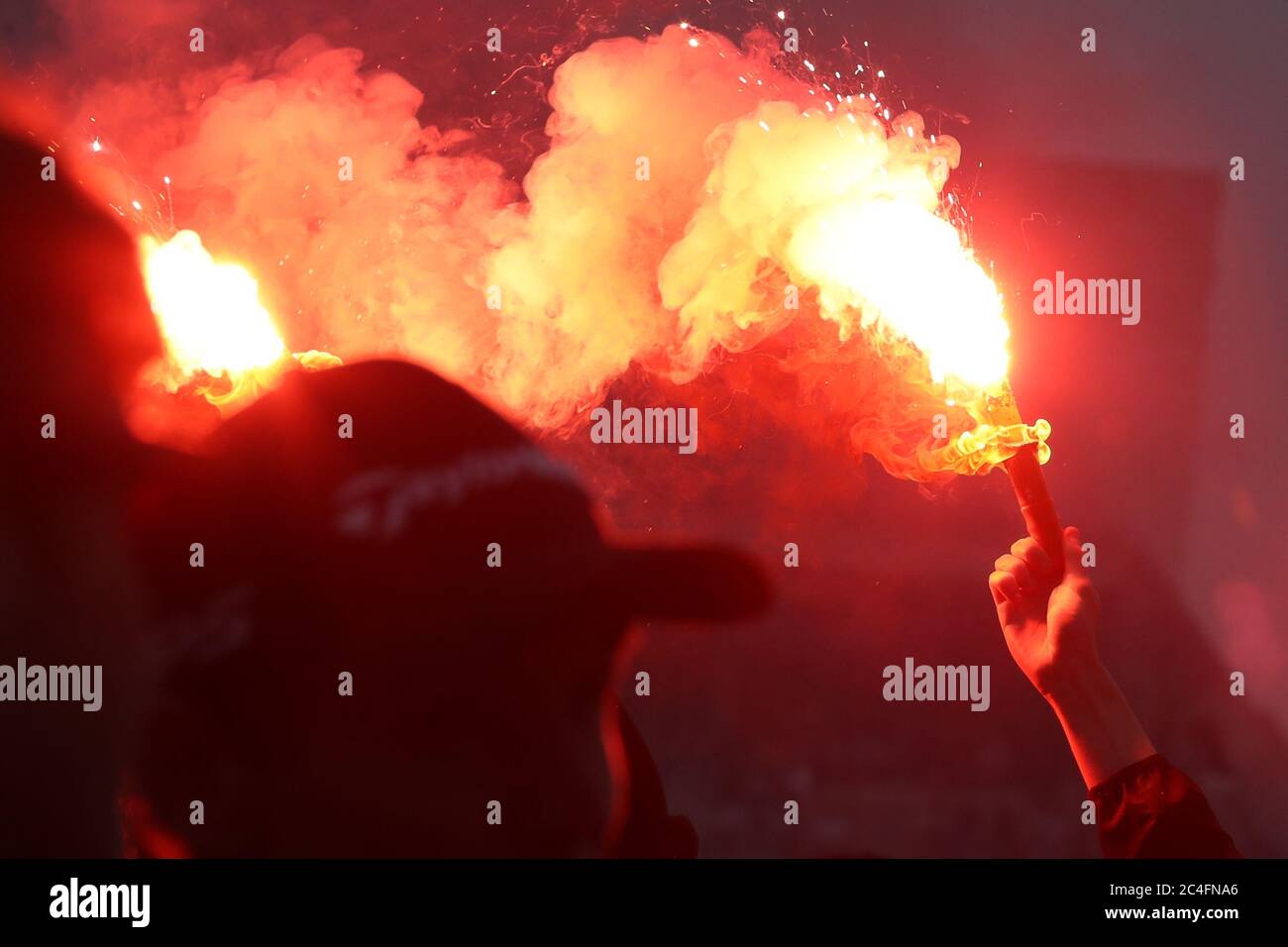Liverpool fans let off flares outside the Liver Building in Liverpool ...