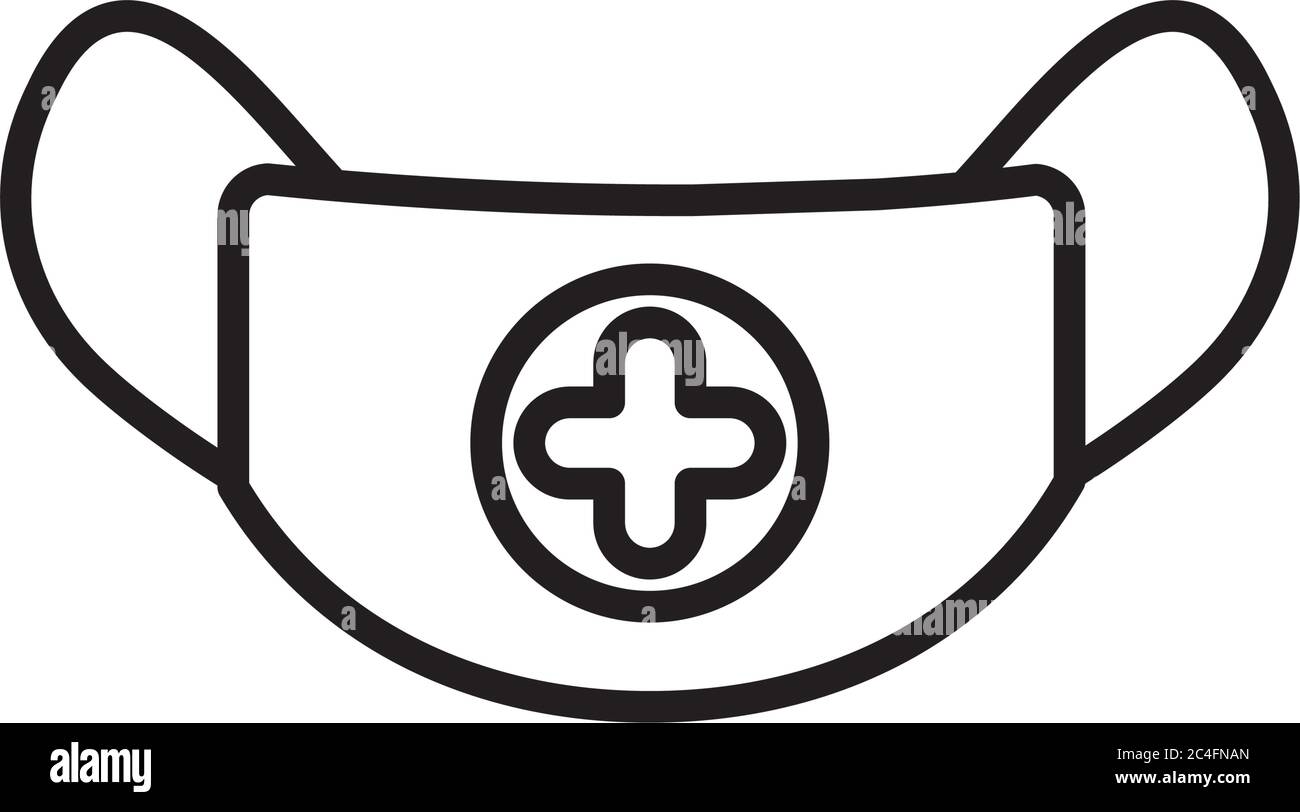 medical mask with cross icon over white background, line style, vector ...