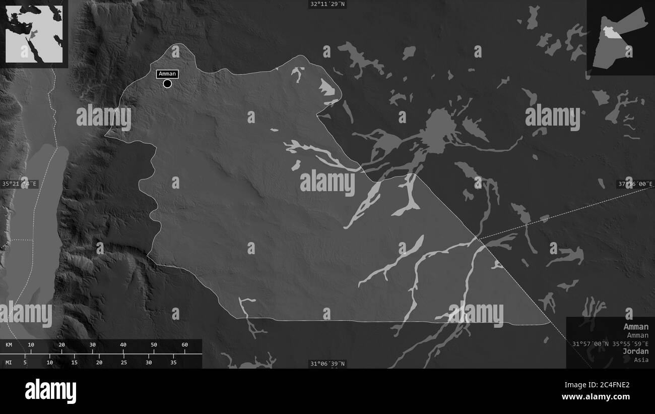 Amman, province of Jordan. Grayscaled map with lakes and rivers. Shape ...