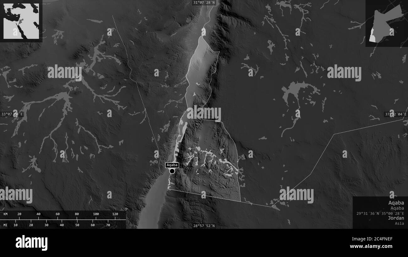 Aqaba, province of Jordan. Grayscaled map with lakes and rivers. Shape ...