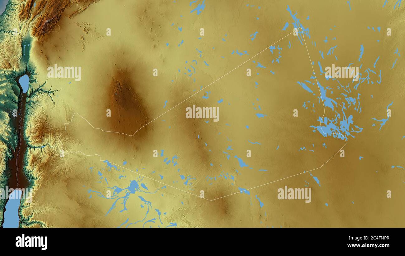 Mafraq, province of Jordan. Colored relief with lakes and rivers. Shape ...
