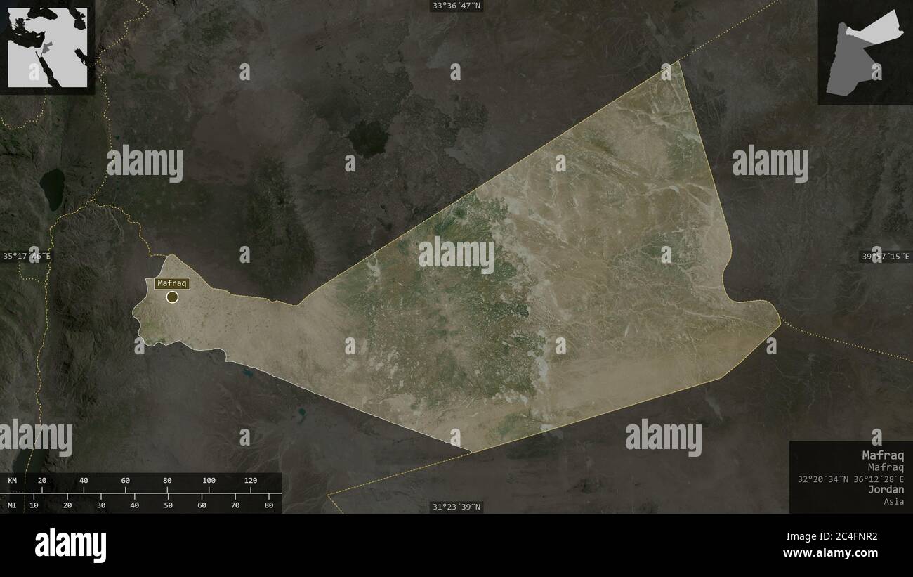 Mafraq, province of Jordan. Satellite imagery. Shape presented against ...