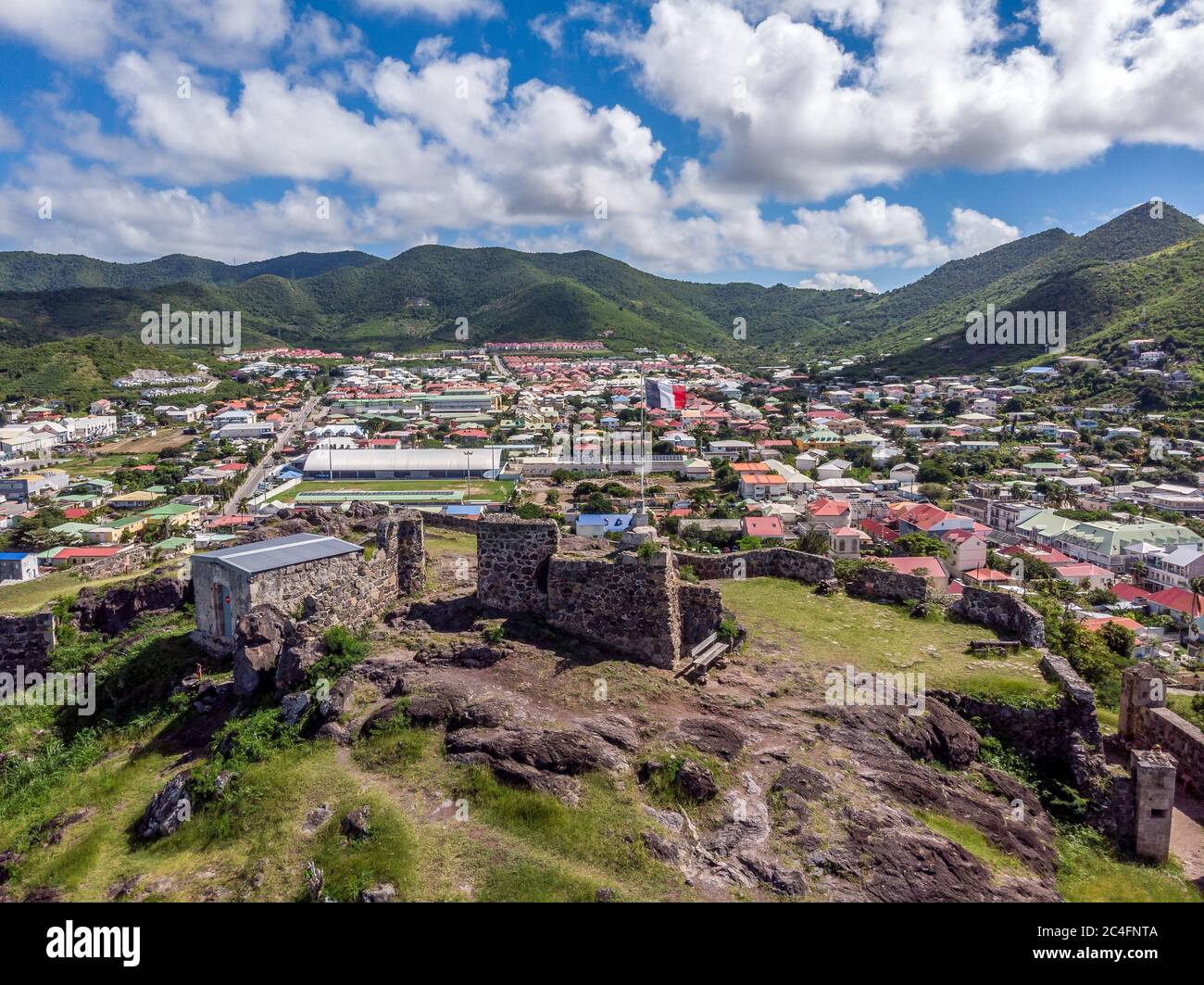 High aerial view of french flag in Fort Louis Marigot, The capital of ...