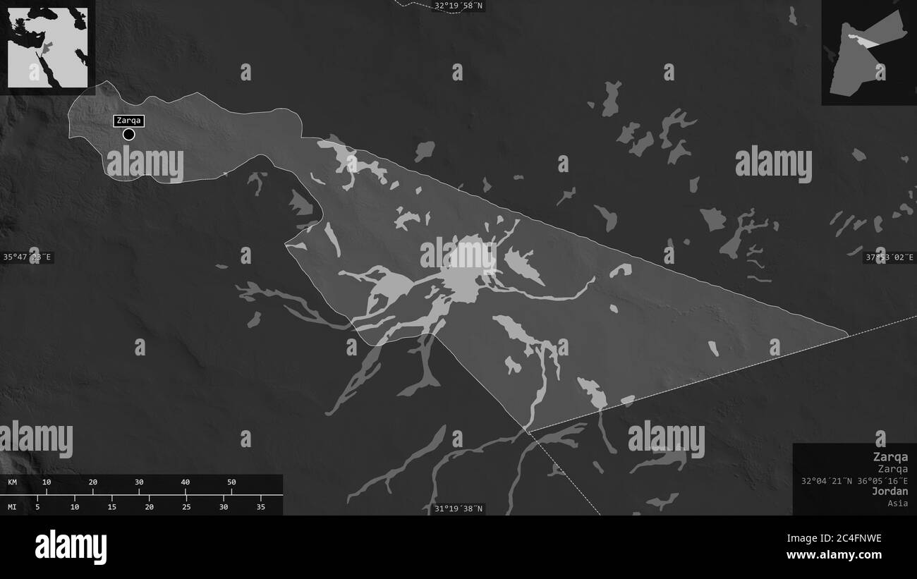 Zarqa, province of Jordan. Grayscaled map with lakes and rivers. Shape ...
