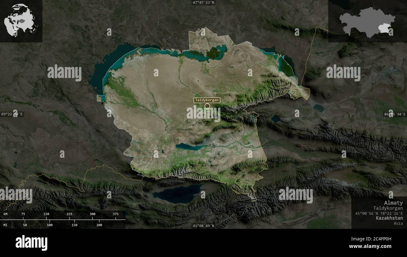 Almaty, region of Kazakhstan. Satellite imagery. Shape presented ...