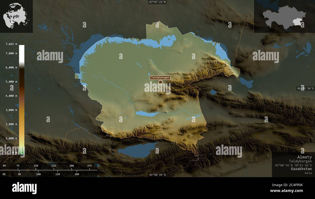 Almaty, region of Kazakhstan. Colored shader data with lakes and rivers ...