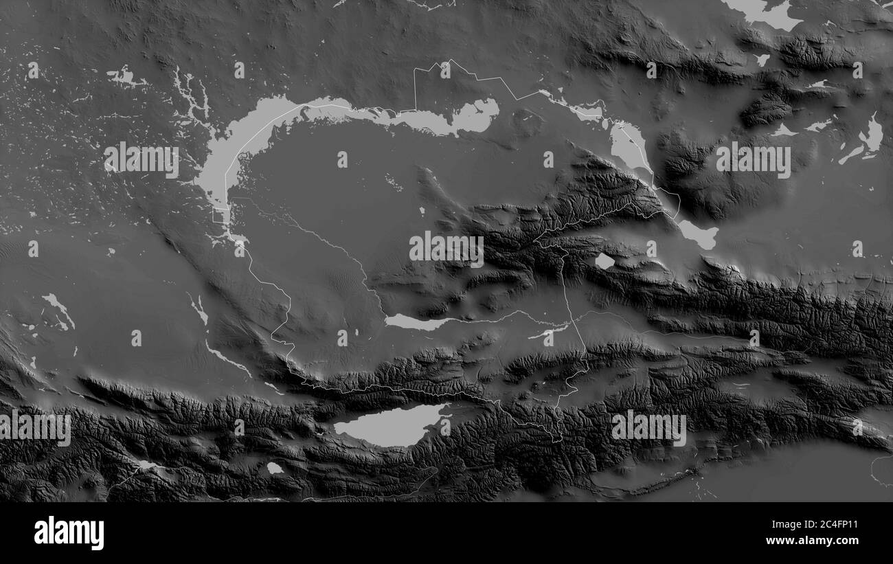 Almaty, region of Kazakhstan. Grayscaled map with lakes and rivers ...