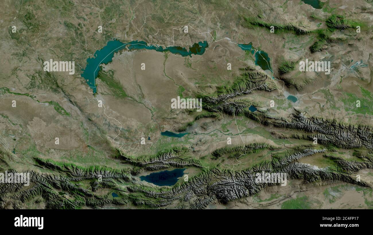 Almaty, region of Kazakhstan. Satellite imagery. Shape outlined against ...