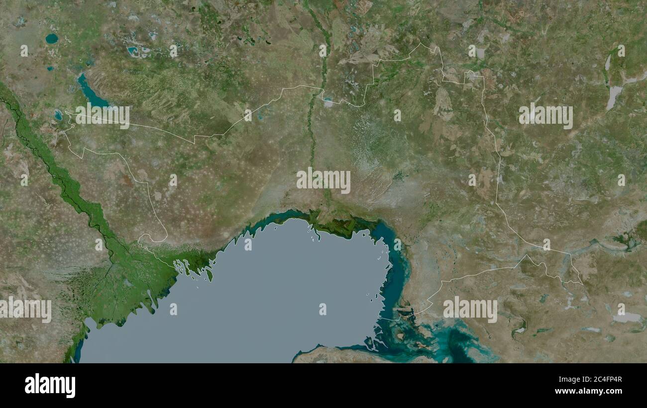 Atyrau, region of Kazakhstan. Satellite imagery. Shape outlined against ...