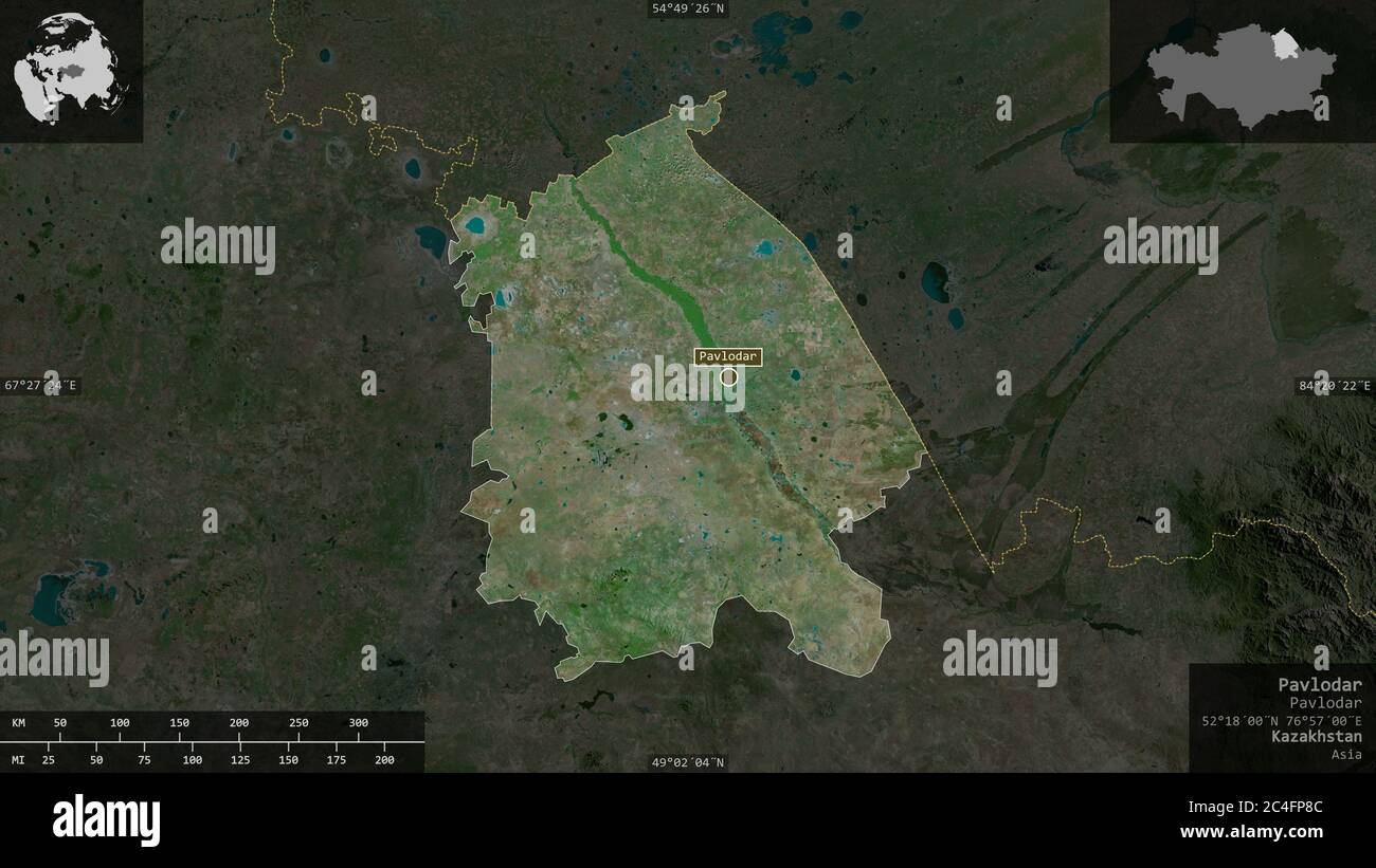 Pavlodar, region of Kazakhstan. Satellite imagery. Shape presented ...