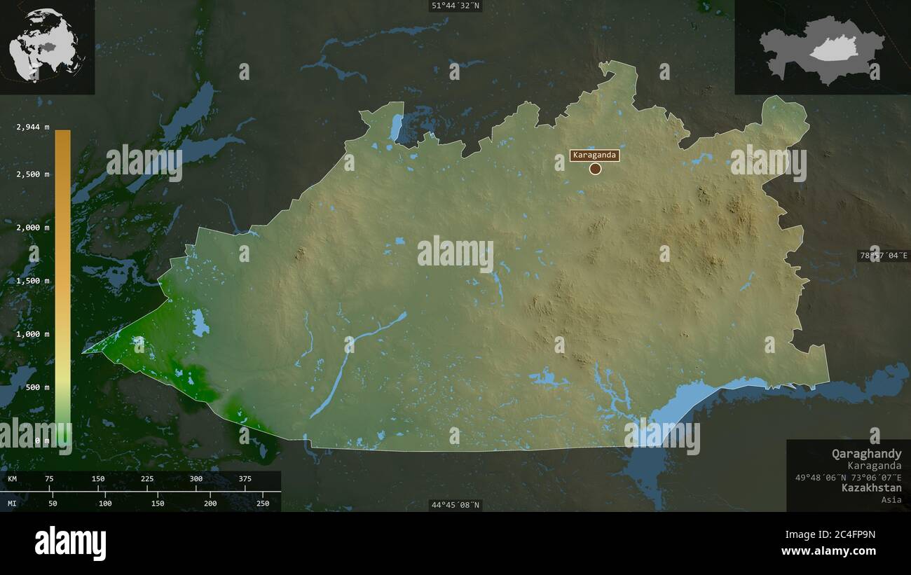 Qaraghandy, region of Kazakhstan. Colored shader data with lakes and ...