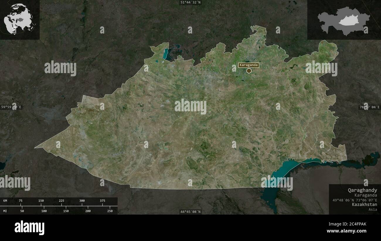 Qaraghandy, region of Kazakhstan. Satellite imagery. Shape presented ...