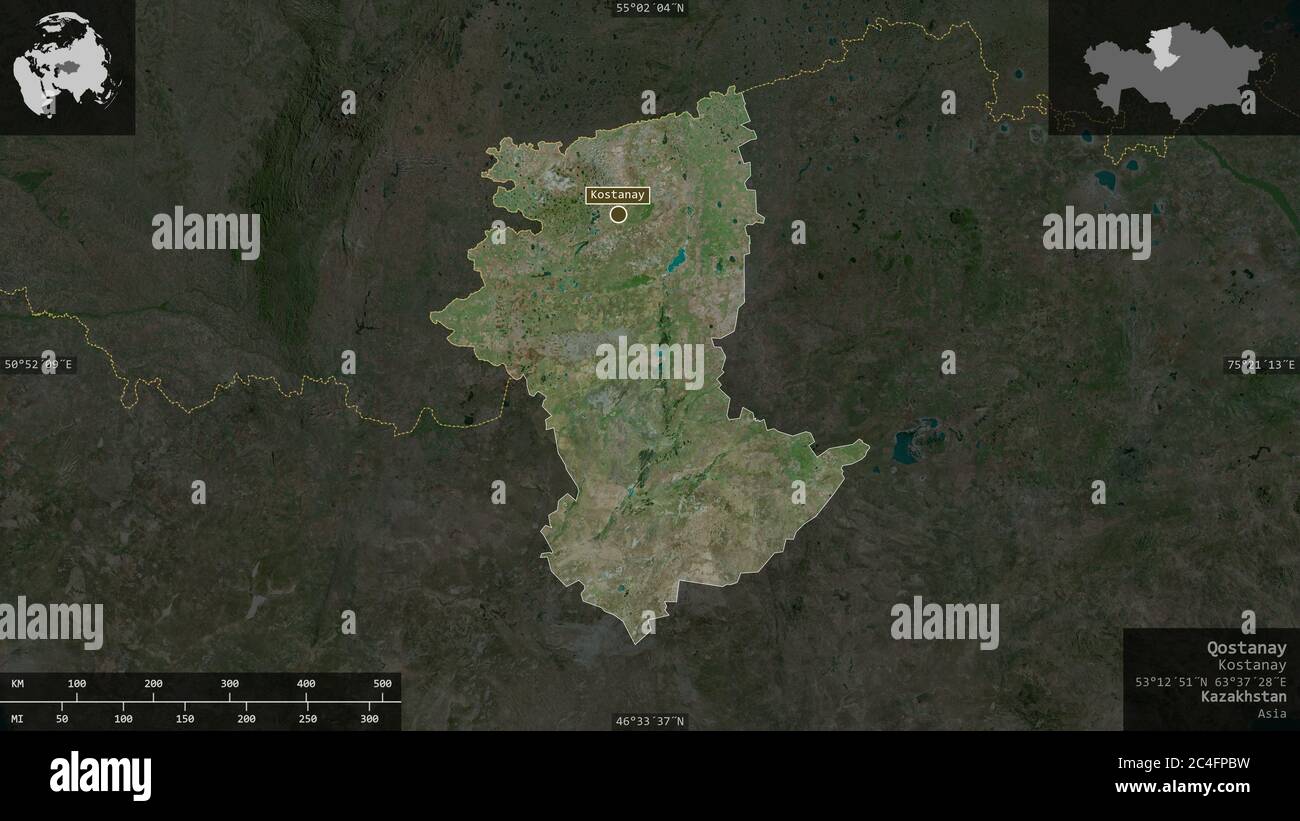 Qostanay, region of Kazakhstan. Satellite imagery. Shape presented ...