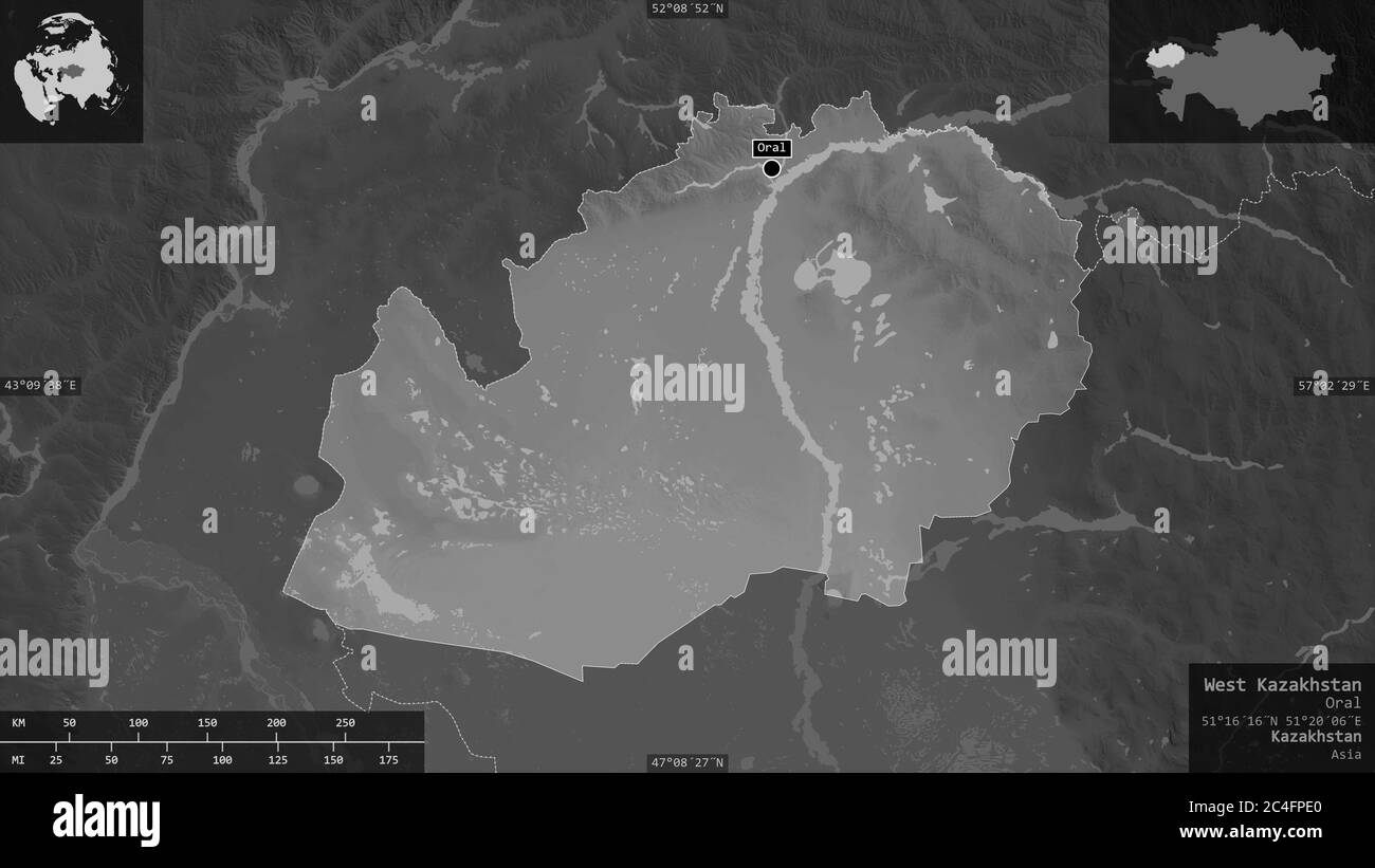 West Kazakhstan, region of Kazakhstan. Grayscaled map with lakes and ...