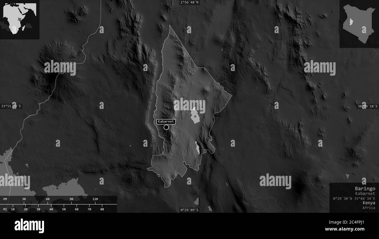 Baringo, county of Kenya. Grayscaled map with lakes and rivers. Shape ...