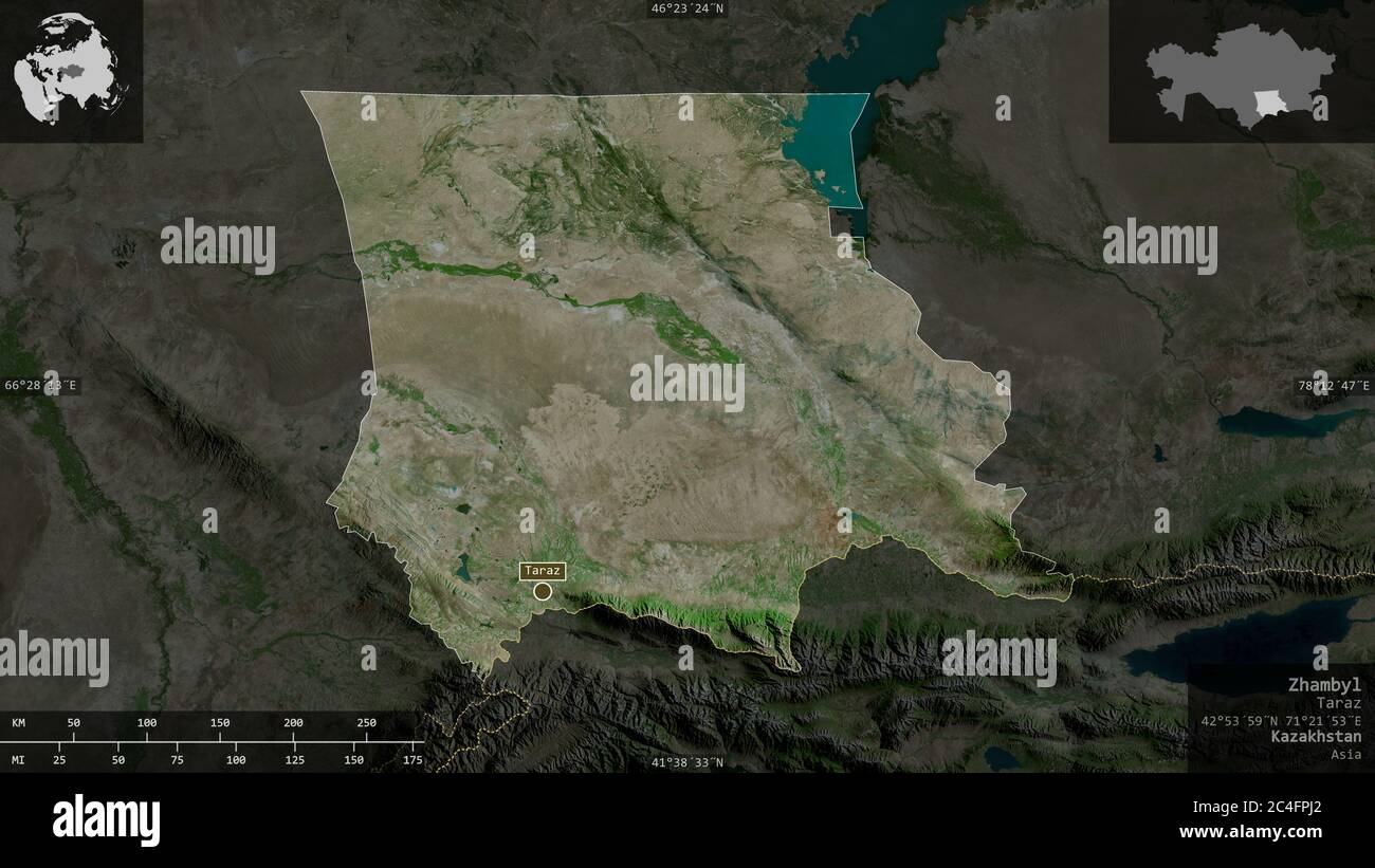 Zhambyl, region of Kazakhstan. Satellite imagery. Shape presented ...