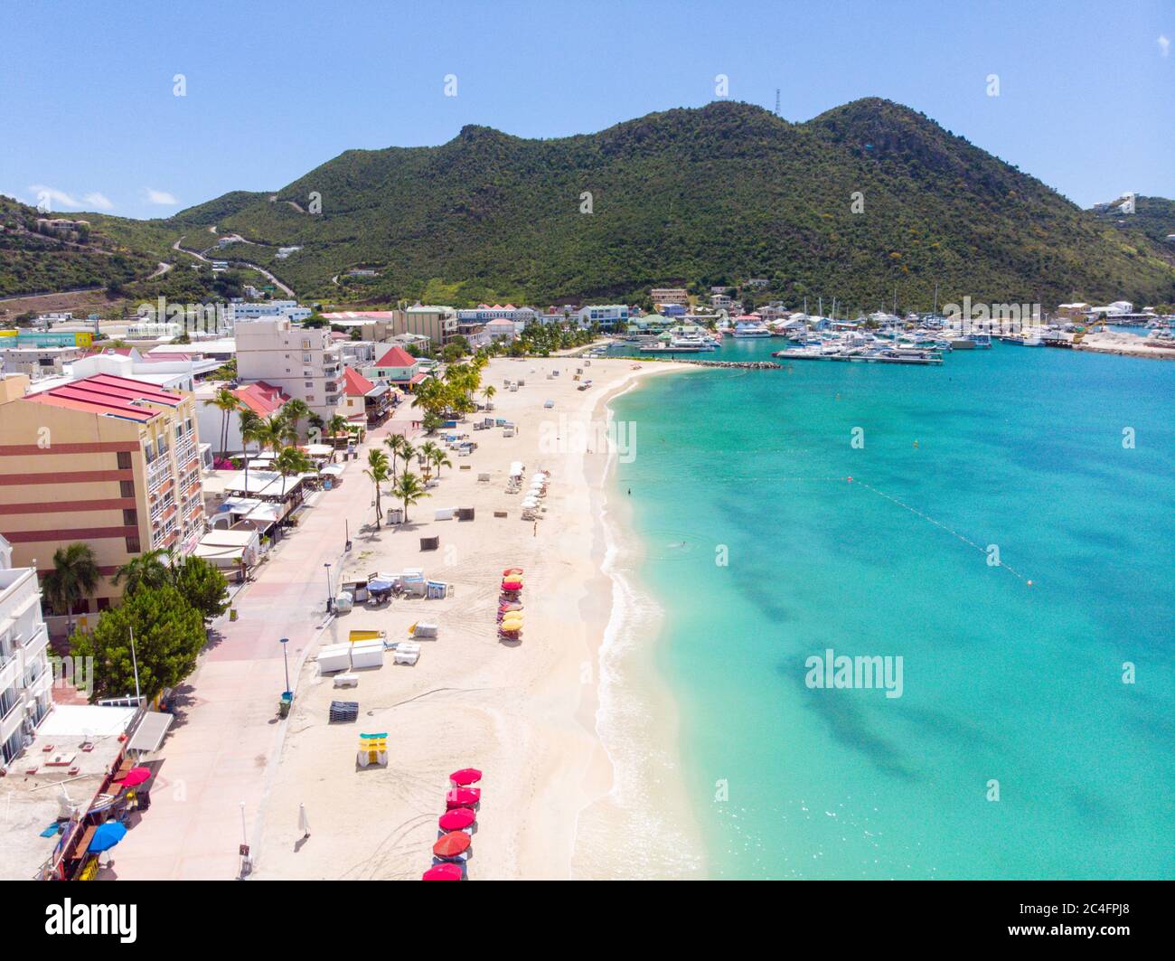 Close up Aerial view of philipsburg beach in the caribbean island of st ...