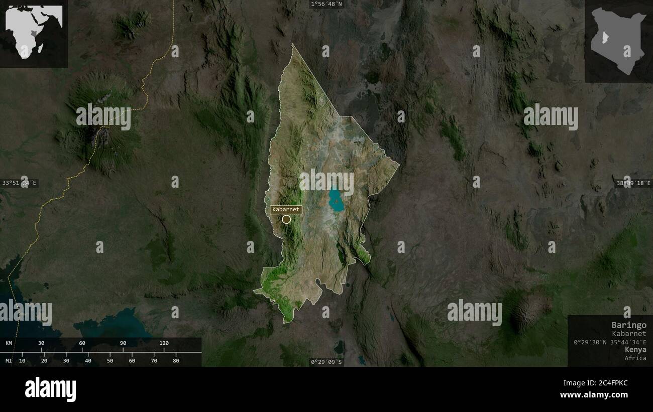 Baringo, county of Kenya. Satellite imagery. Shape presented against ...