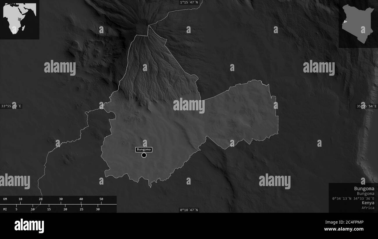 Bungoma, county of Kenya. Grayscaled map with lakes and rivers. Shape ...