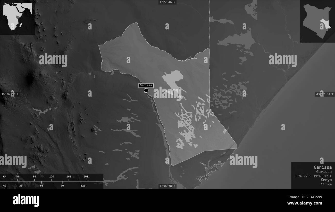 Garissa, county of Kenya. Grayscaled map with lakes and rivers. Shape ...
