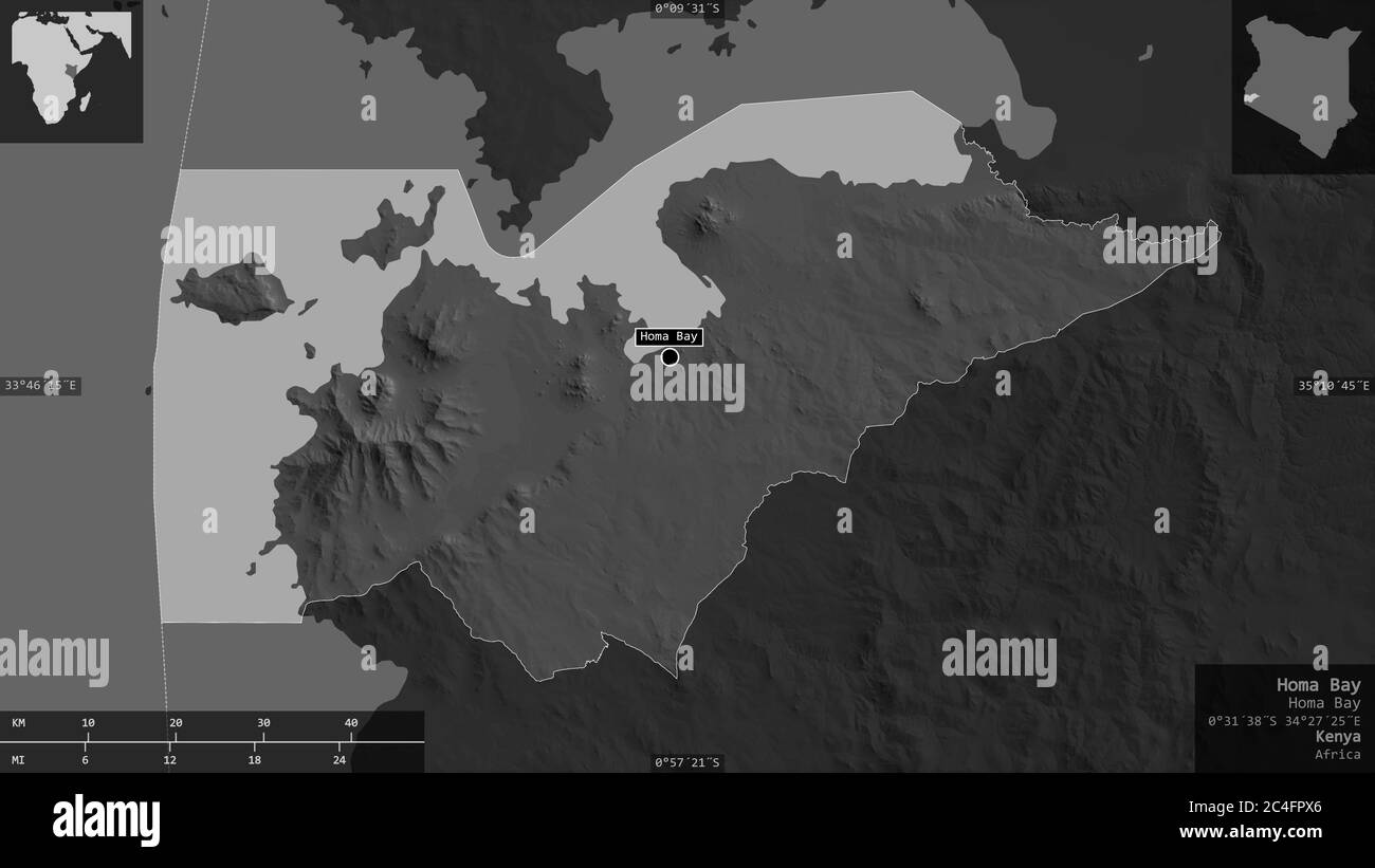 Homa Bay, county of Kenya. Grayscaled map with lakes and rivers. Shape ...