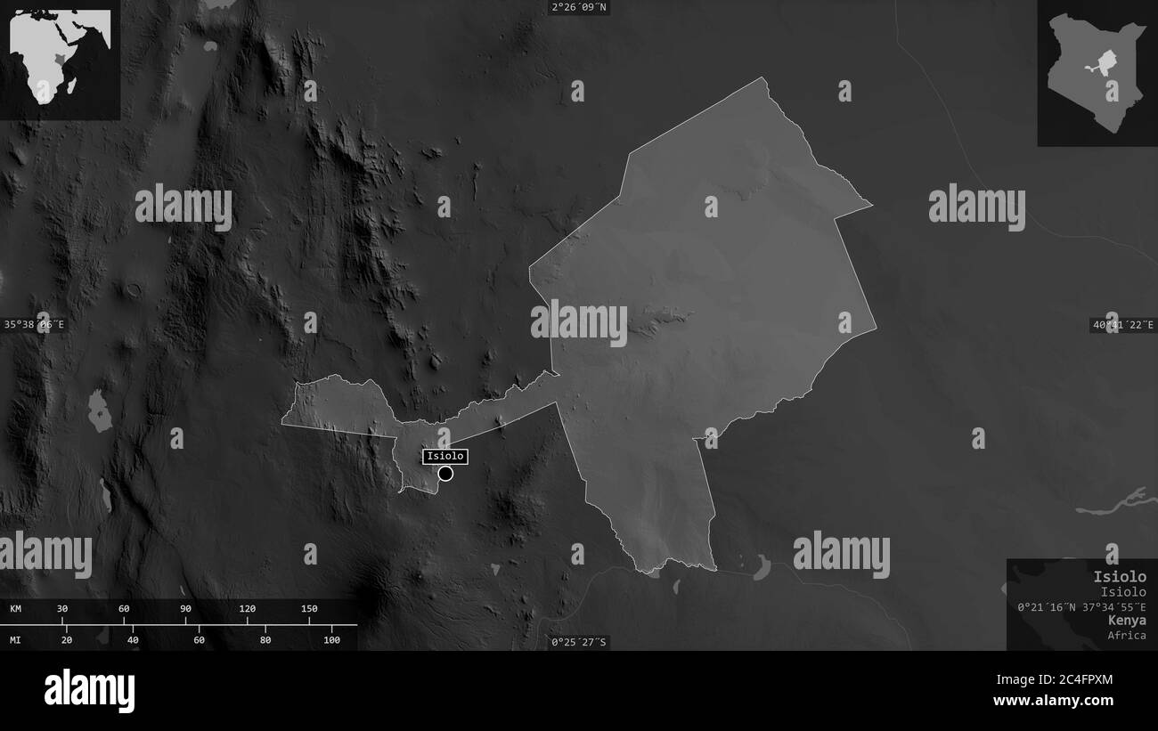 Isiolo, county of Kenya. Grayscaled map with lakes and rivers. Shape ...