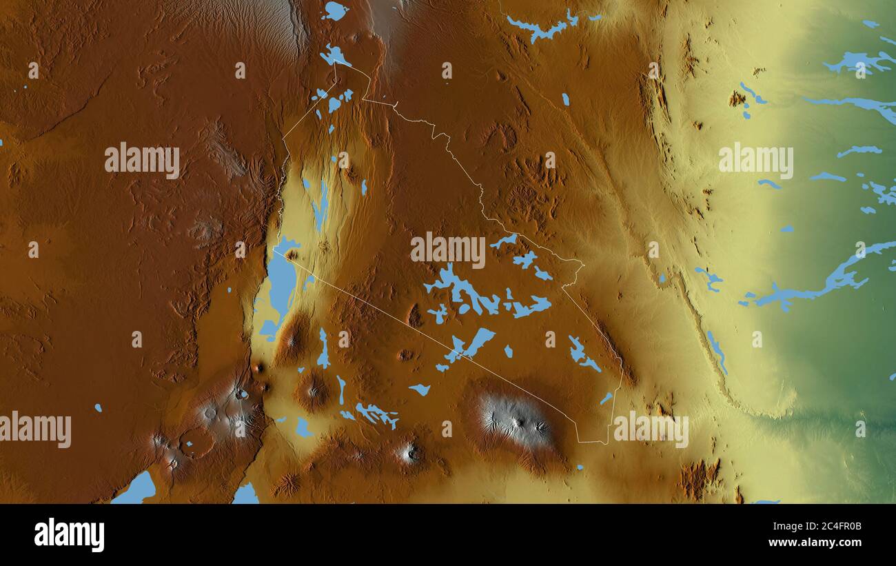 Kajiado, county of Kenya. Colored relief with lakes and rivers. Shape ...