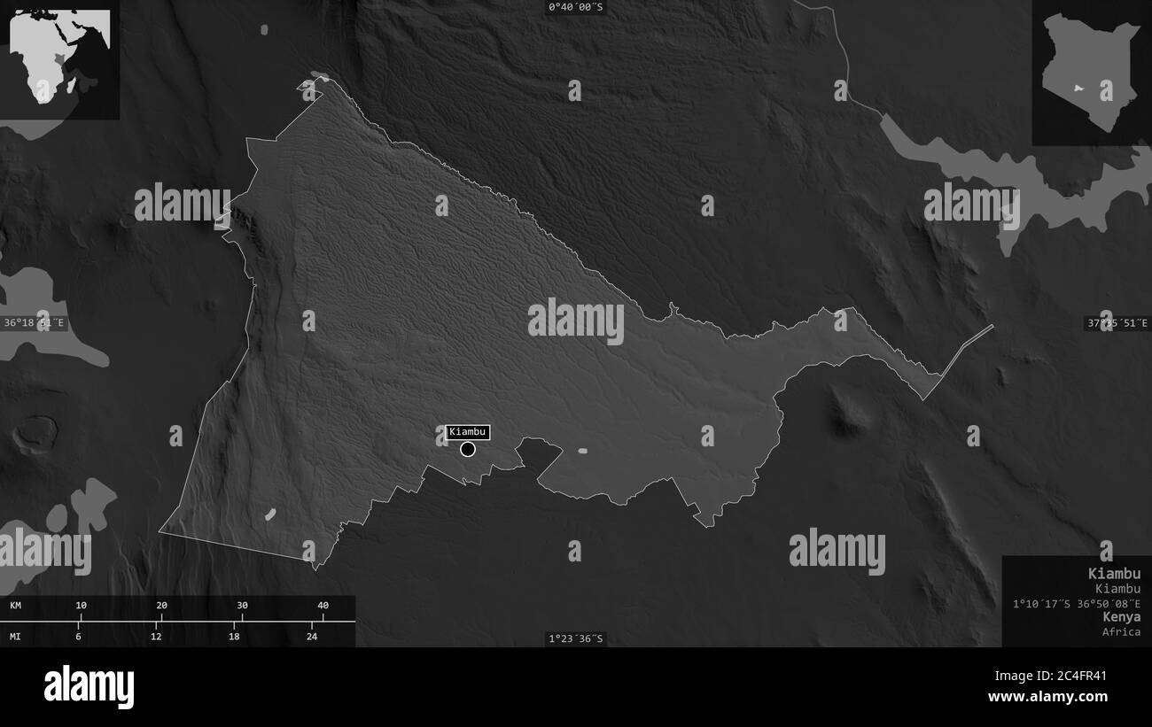 Kiambu, county of Kenya. Grayscaled map with lakes and rivers. Shape ...