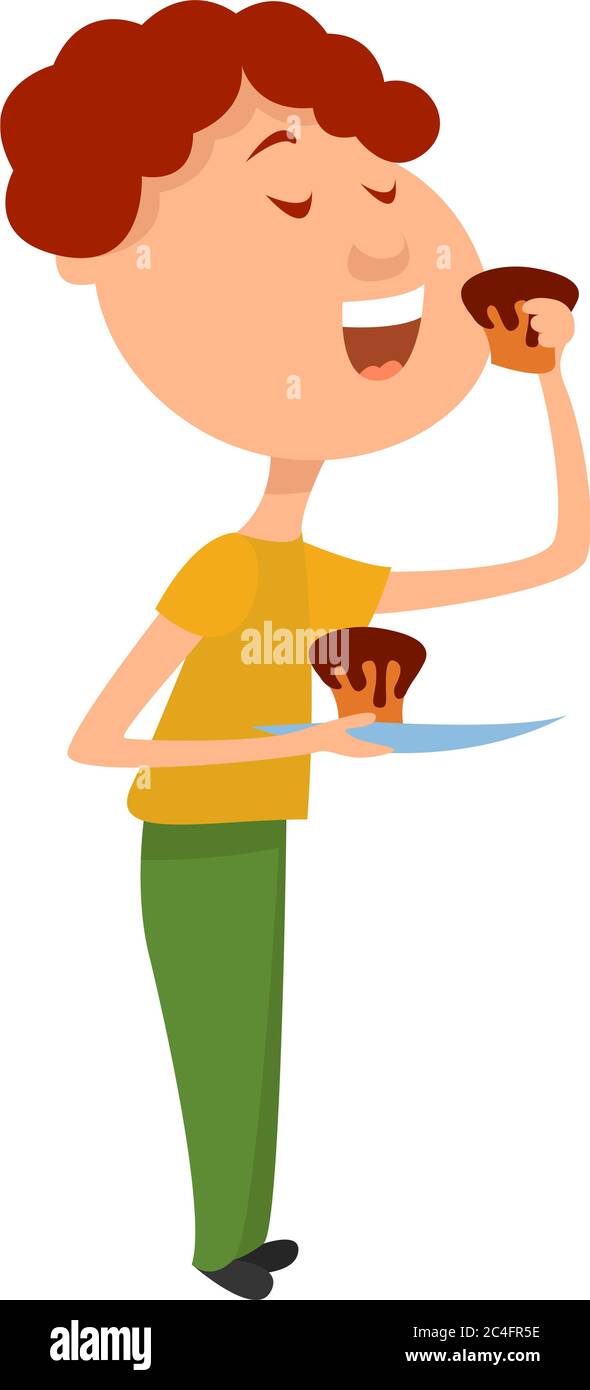 Guy eating cake, illustration, vector on white background Stock Vector ...