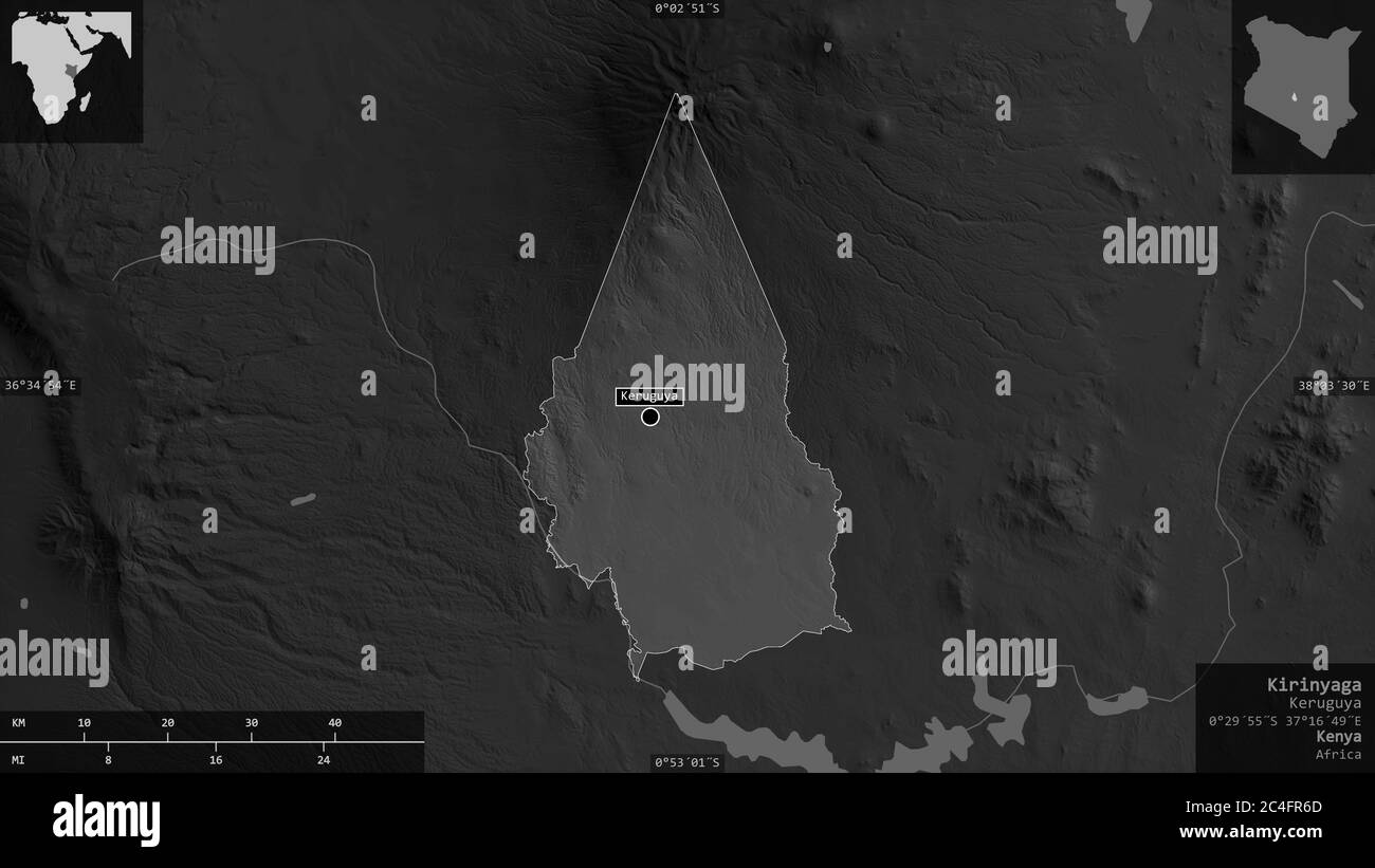 Kirinyaga, county of Kenya. Grayscaled map with lakes and rivers. Shape ...