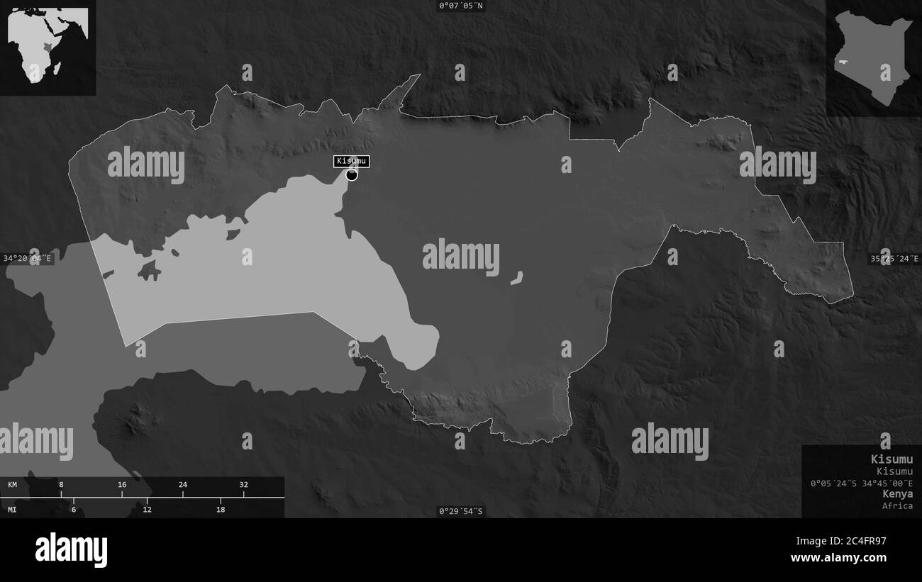 Kisumu, county of Kenya. Grayscaled map with lakes and rivers. Shape ...