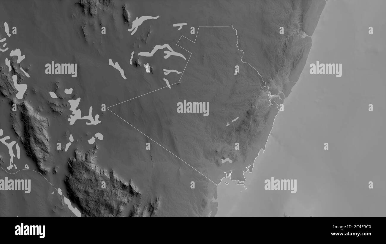 Kwale, county of Kenya. Grayscaled map with lakes and rivers. Shape ...