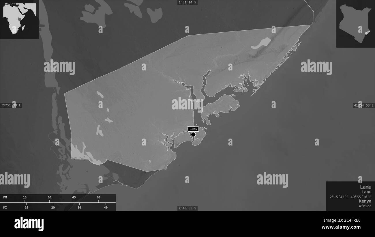Lamu, county of Kenya. Grayscaled map with lakes and rivers. Shape ...