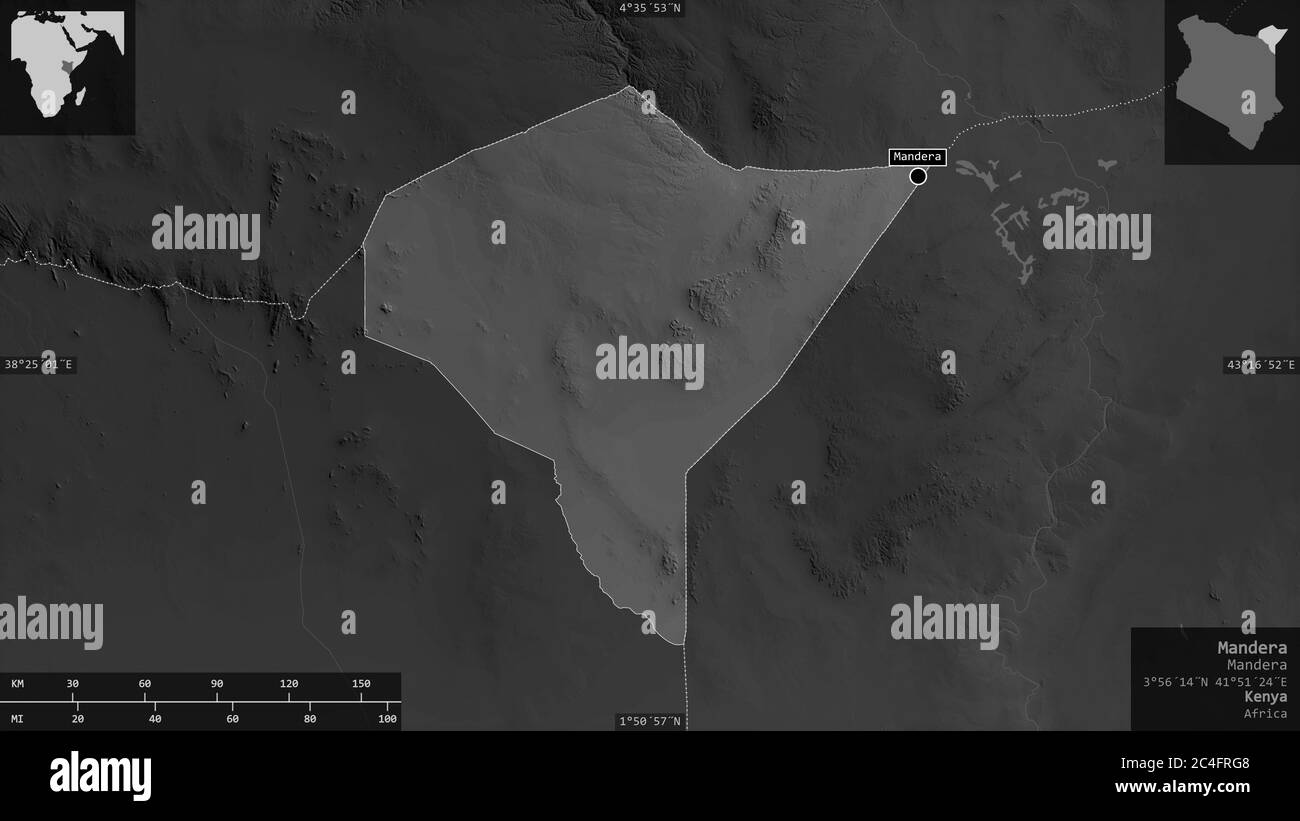 Mandera, county of Kenya. Grayscaled map with lakes and rivers. Shape ...