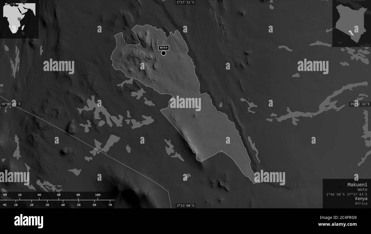 Makueni, county of Kenya. Grayscaled map with lakes and rivers. Shape ...