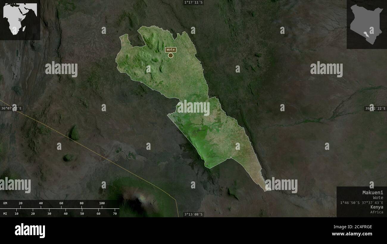 Makueni, county of Kenya. Satellite imagery. Shape presented against ...