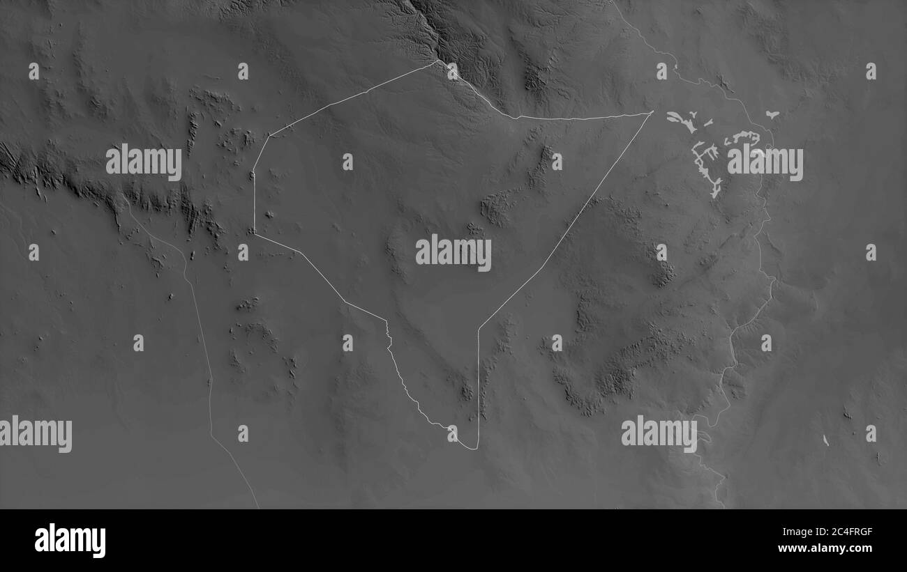 Mandera, county of Kenya. Grayscaled map with lakes and rivers. Shape ...