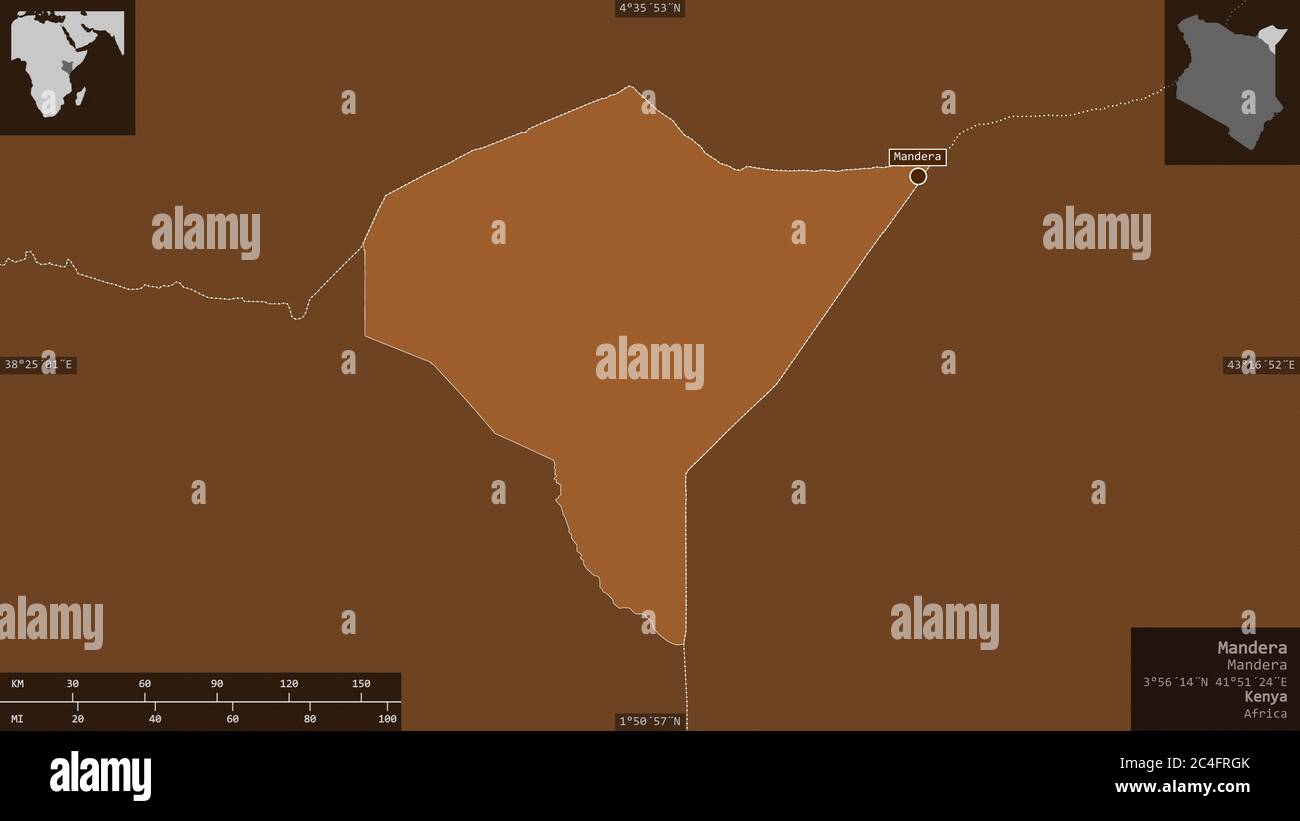 Mandera, county of Kenya. Patterned solids with lakes and rivers. Shape ...