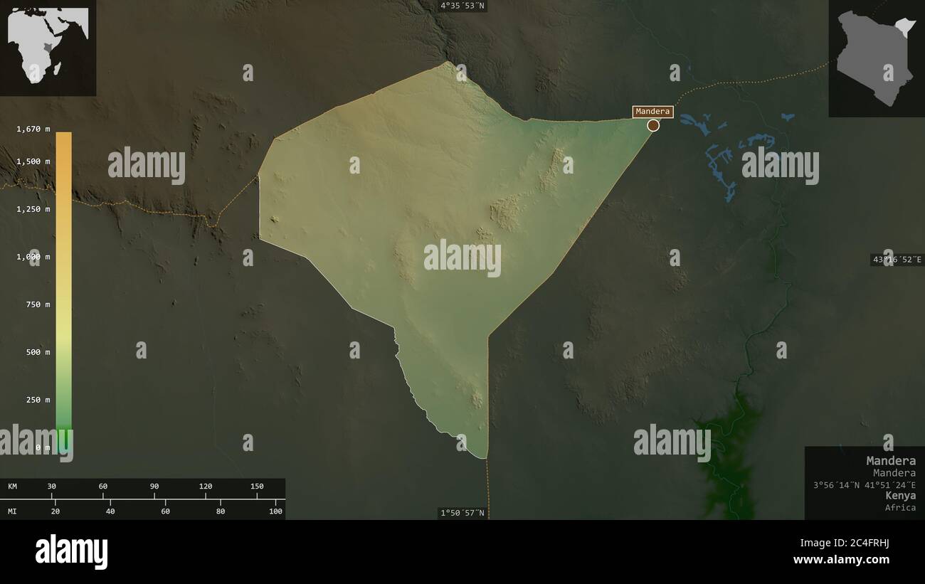 Mandera, county of Kenya. Colored shader data with lakes and rivers ...