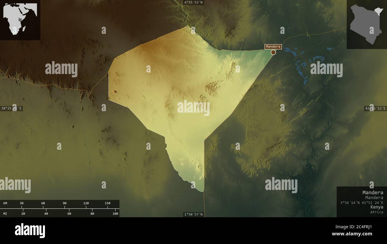 Mandera, county of Kenya. Colored relief with lakes and rivers. Shape ...