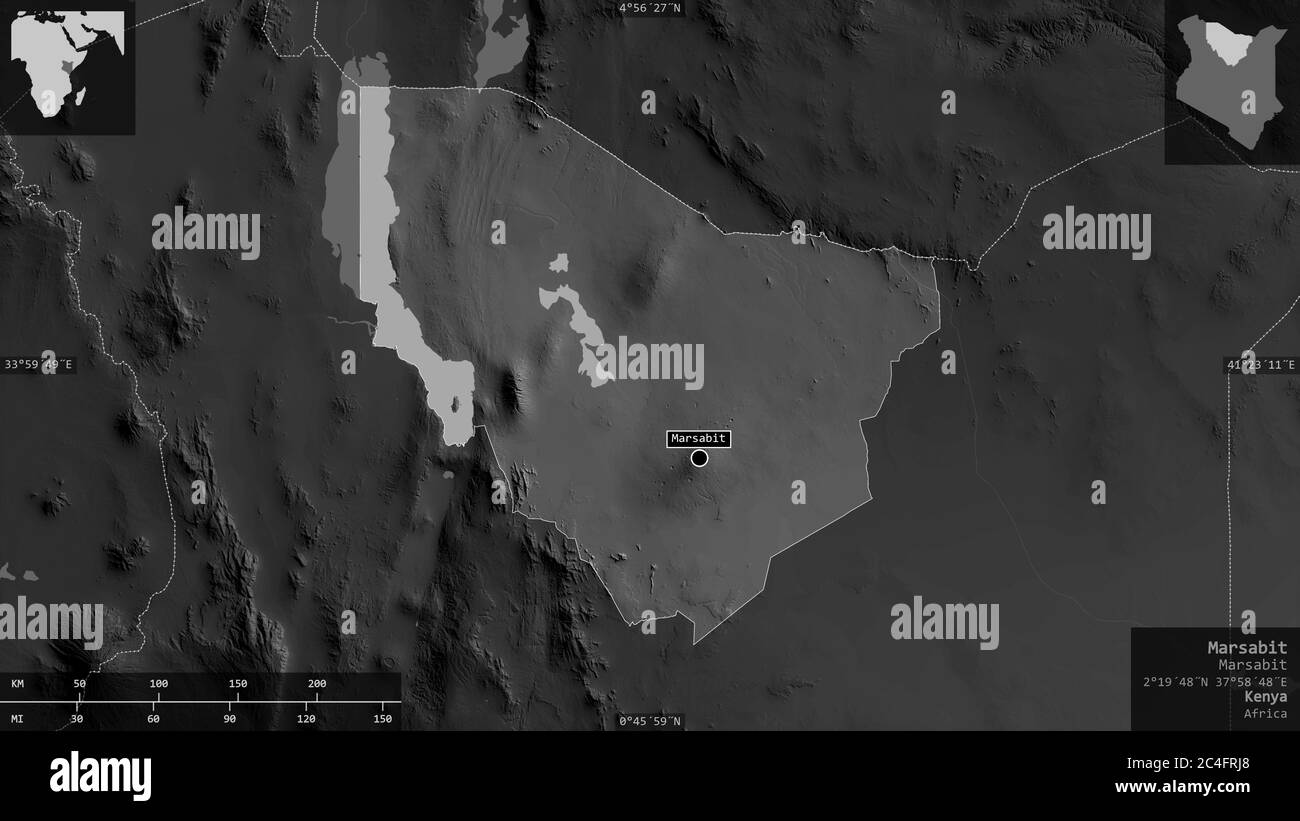 Marsabit, county of Kenya. Grayscaled map with lakes and rivers. Shape ...