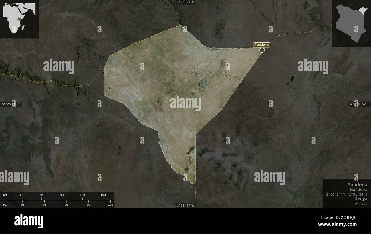 Mandera, county of Kenya. Satellite imagery. Shape presented against ...