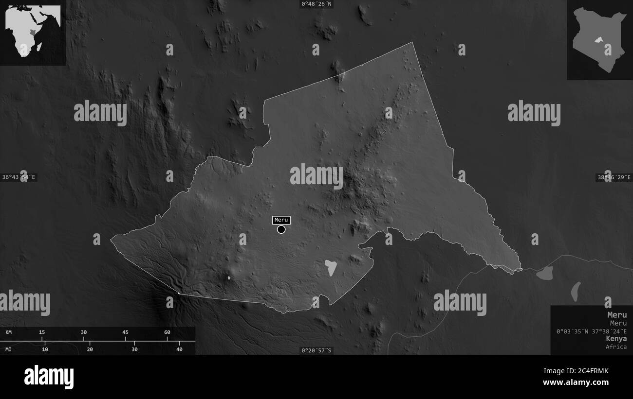 Meru, county of Kenya. Grayscaled map with lakes and rivers. Shape ...